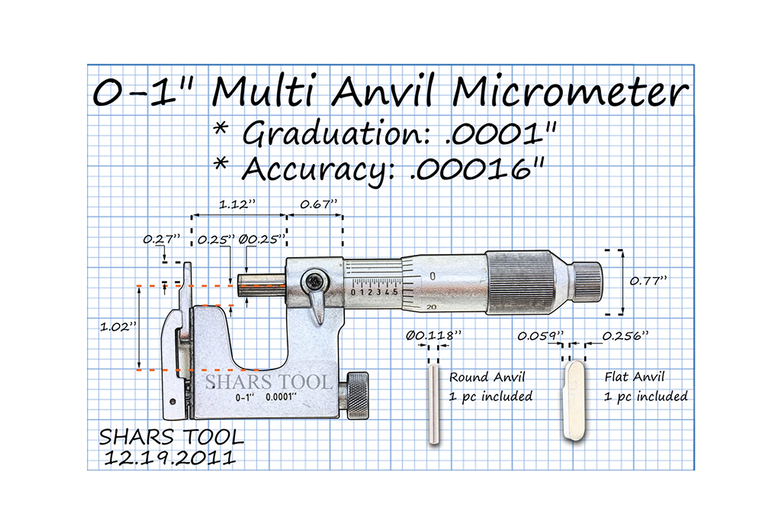 Shars 0-1" Multi Anvil Micrometer .0001" Graduation 303-2304 P)