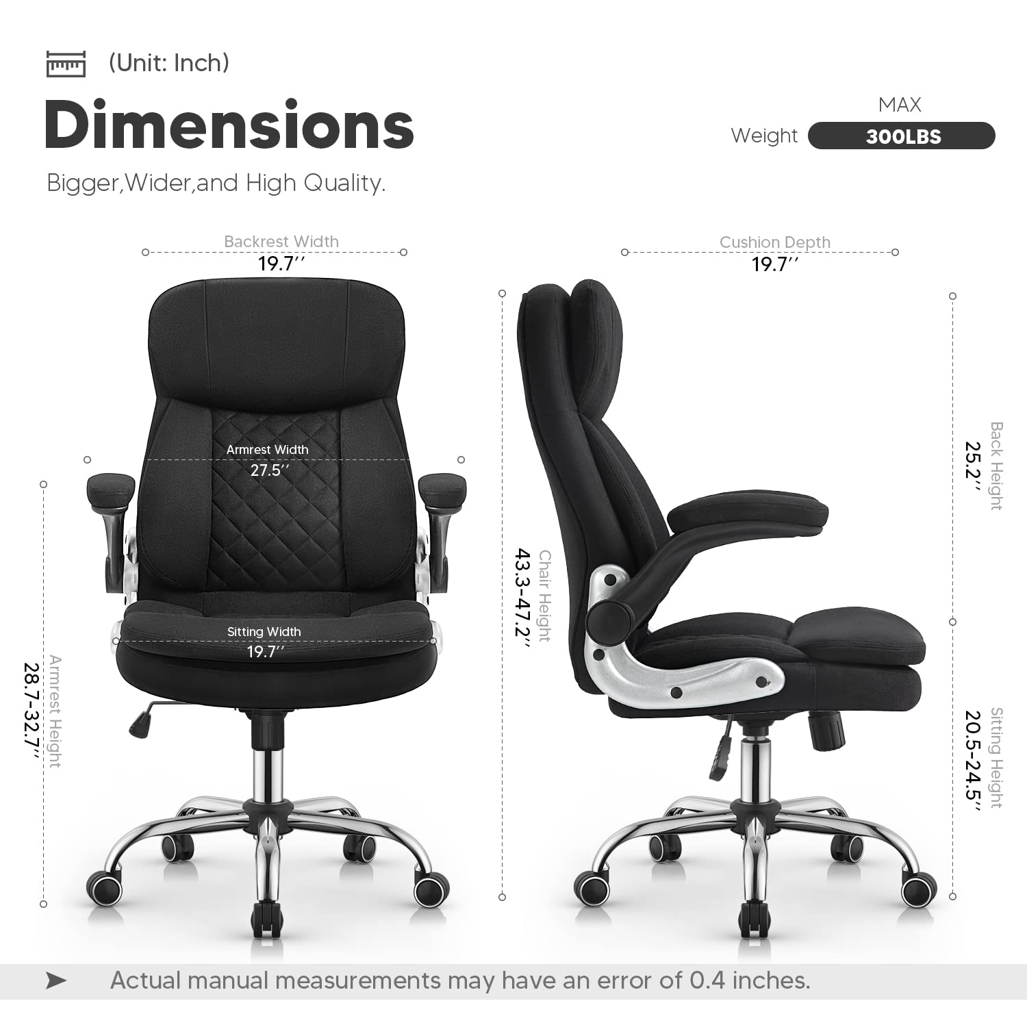 YAMASORO Home Office Executive Chair, High Back Ergonomic Lumbar Support Computer Desk Chairs with Wheels and Flip-up Arms, Linen Fabric, Black