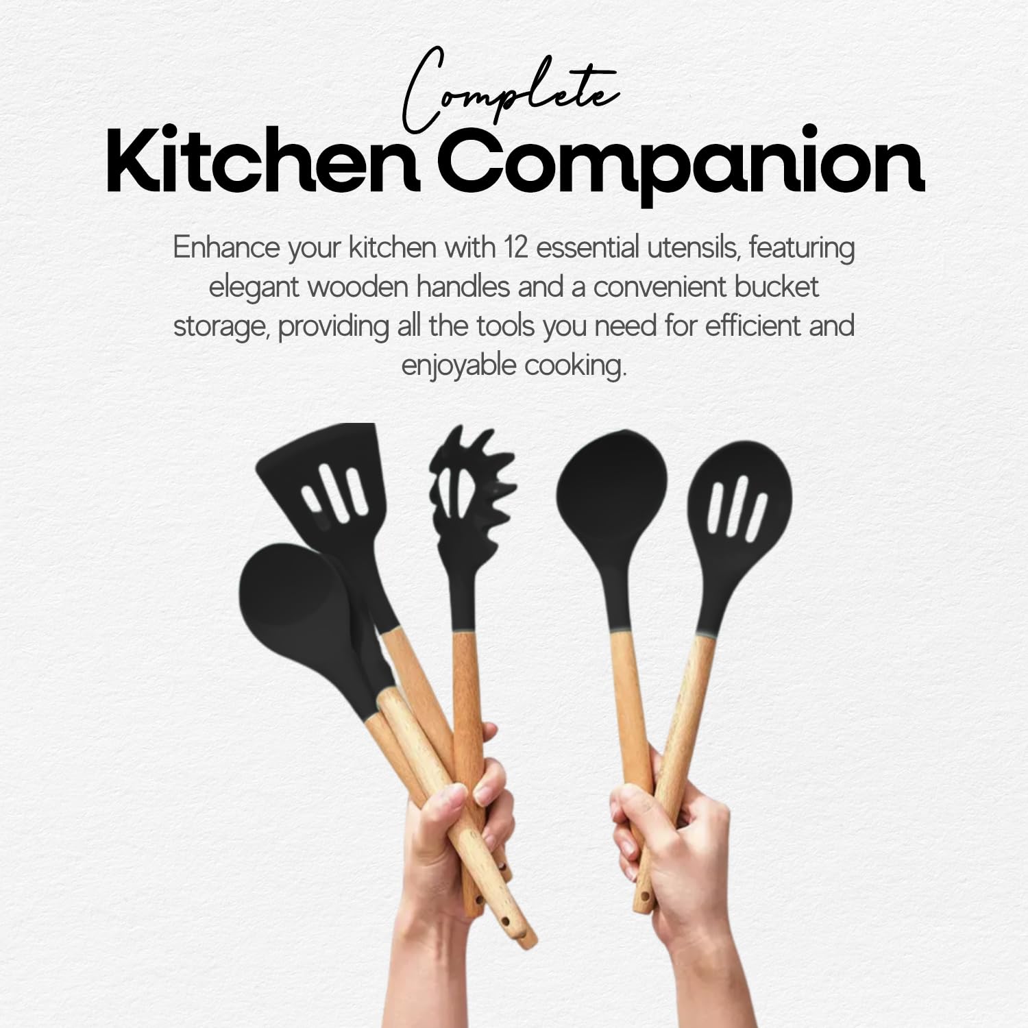 Silicone Cooking Set, 12 pcs Kitchen Utensils Set, Wooden Handle, Bucket Storage, High-Temperature Resistance, Scratch-Free, Cooking Spoons for Nonstick, Best Kitchen Tools, 1st Apartment Kitchen