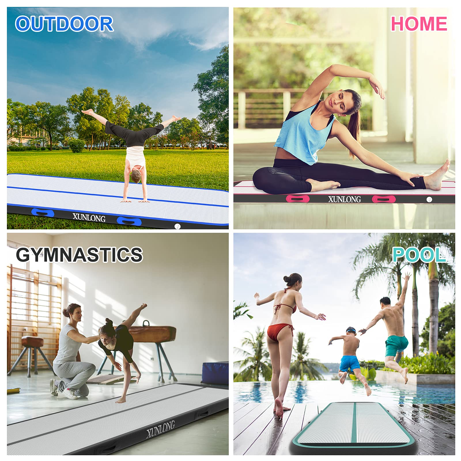 XUNLONG Air Mat Tumble Track 4/8 inchs Thickness Inflatable Gymnastics Training Mat 10ft/13ft/16ft/20ft with Electric Air Pump for Cheerleading/Training/Water Fun/Park/Home use Green