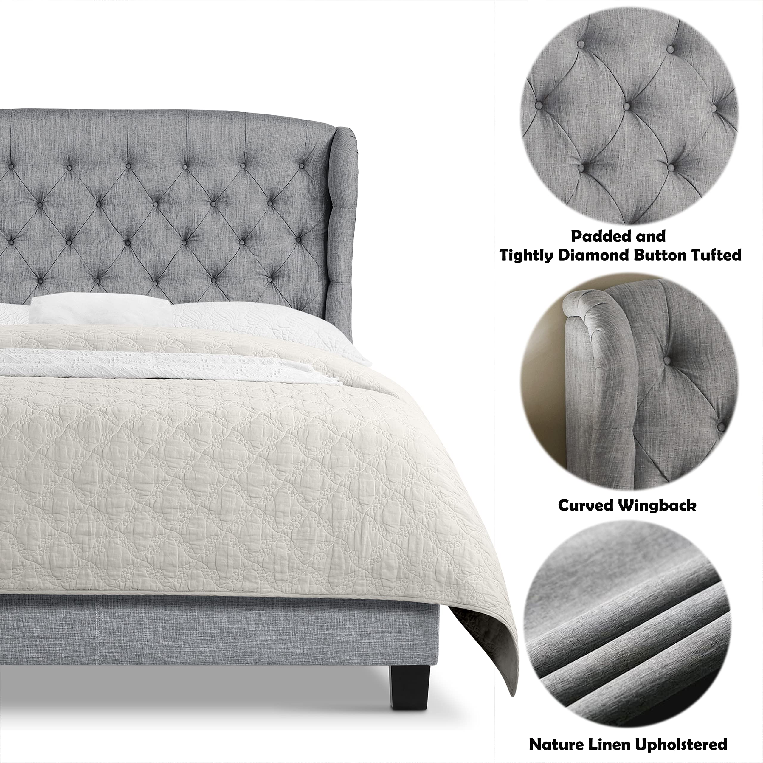 Rosevera Torrey Wingback Bed/Tufted Headboard Adjustable Height Bed Frame/Fabric Upholstered Bed Frame/Wood Slat Support/Easy Assembly,Twin,Gray