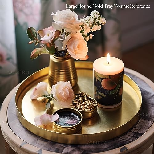 ZODIFEVI Gold Round Trays, 12 Inch Large Round Gold Serving Tray, Gold Tray Decorative, Gold Serving Tray, Decorative Tray for Jewelry, Makeup, Candle, Toiletry, Kitchen Tableware, Bar, Cafe (Large)