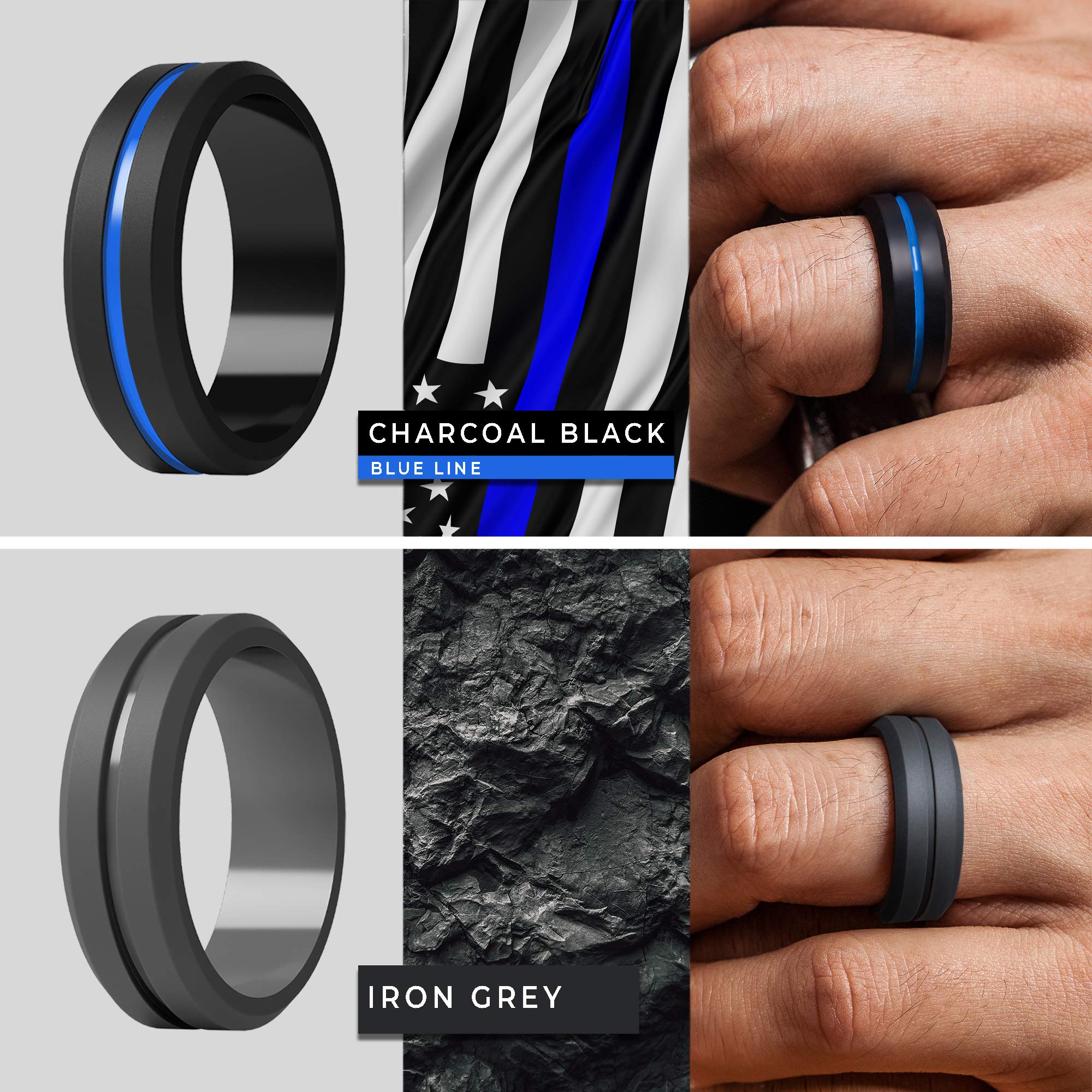 ThunderFit Silicone Wedding Rings for Men, Brushed Top Middle Engraved Line Rubber Engagement Bands 8.2mm Wide 2.5mm Thick - 1/4/6/7 Variety Multipack (Pack N - Size 10.5-11 (20.60mm))
