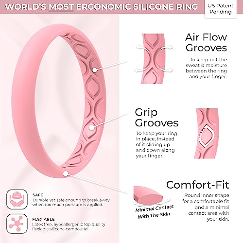 ThunderFit Silicone Wedding Rings for Women, Breathable Air Grooves Engagement Bands 3mm Wide 1.5mm Thick - 1/4/8/12 Variety Multipack (Pack W - Size 6.5-7 (17.35mm))