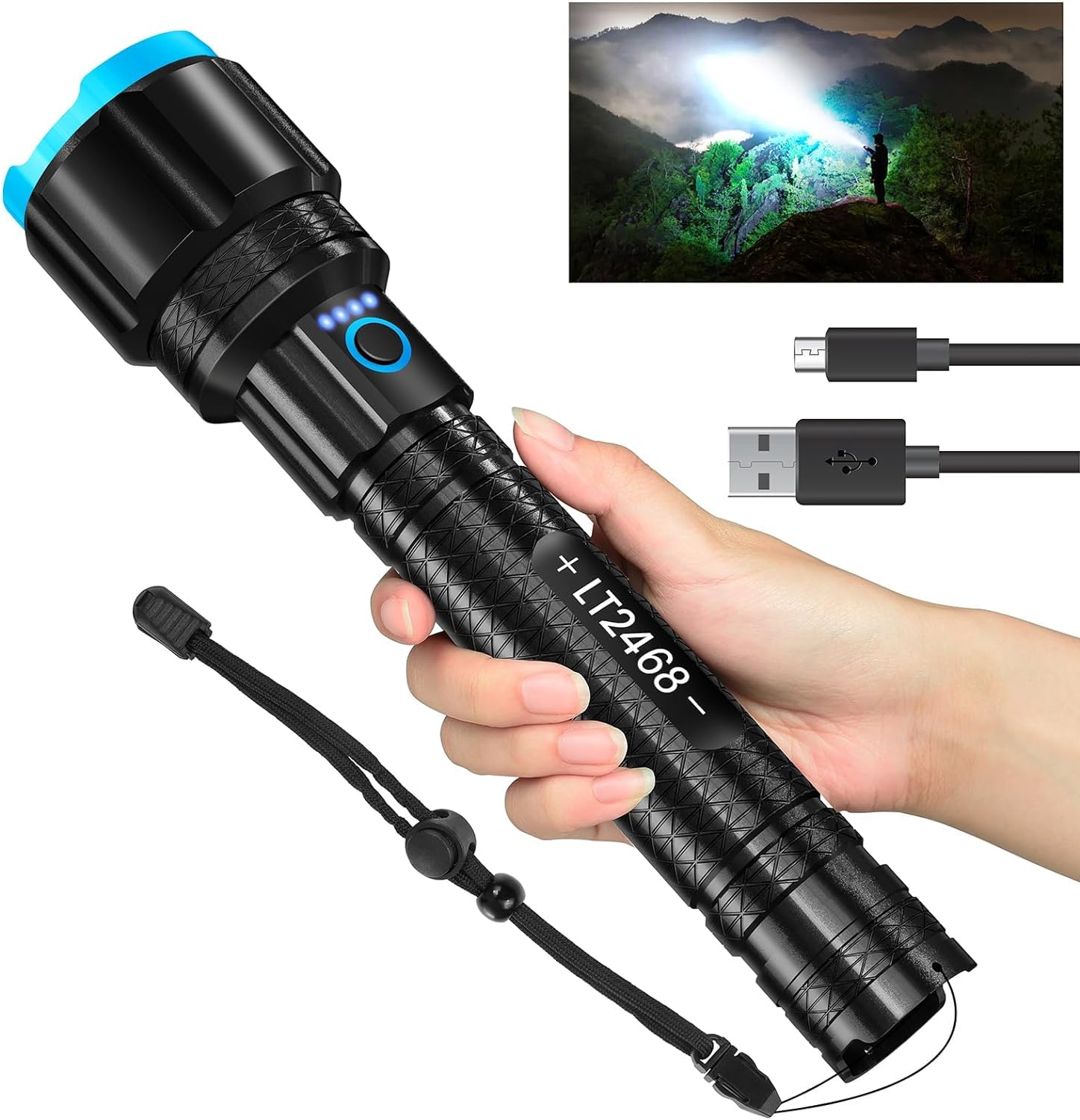 wsiiroon Rechargeable LED Flashlight High Lumen Battery Powered - Powerful 900000 Lumens Super Bright Flashlights, Zoomable Long Handheld Tactical Flash Light for Camping Hiking Emergency Power Bank