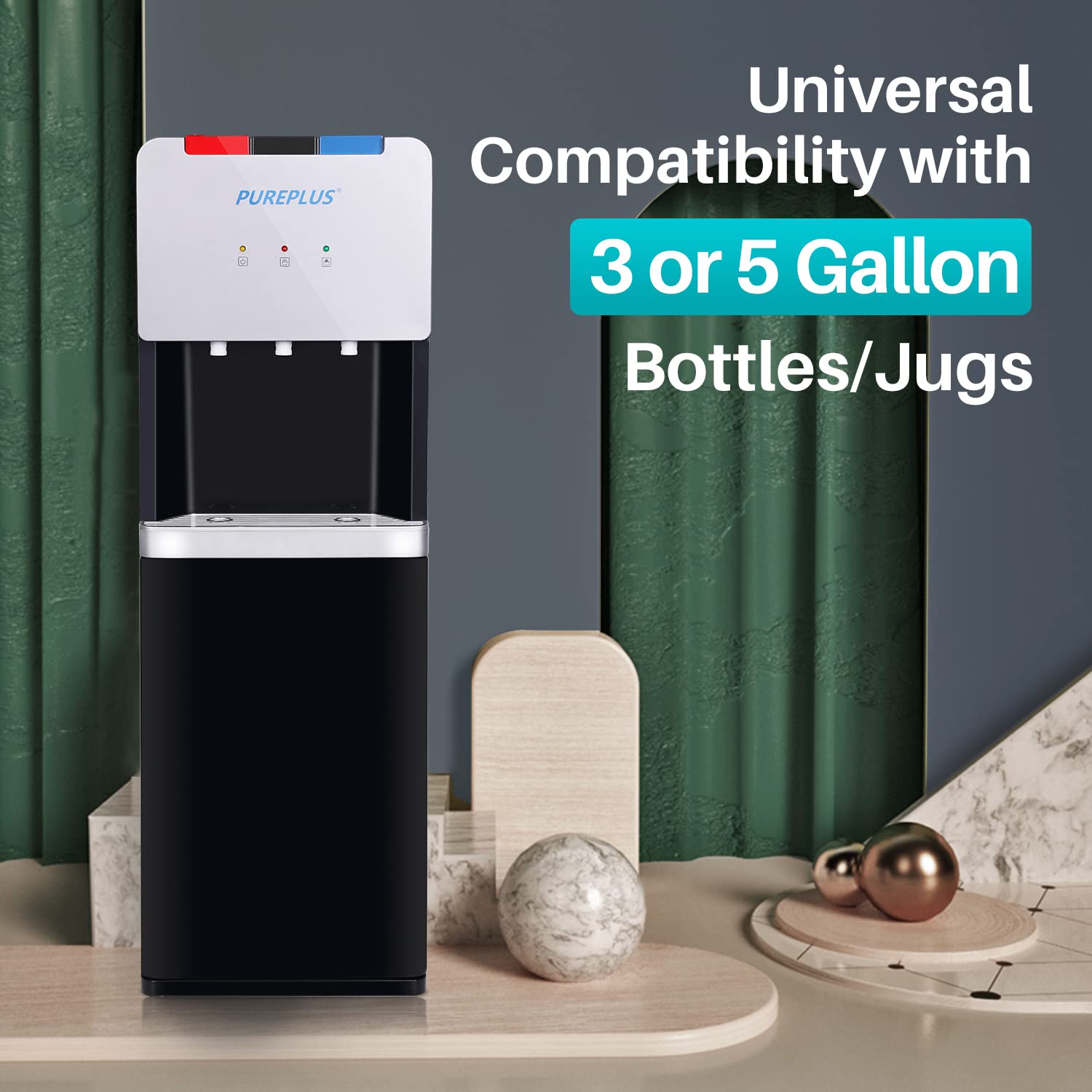PUREPLUS Water Cooler Top Loading Water Dispenser, Hot Cold & Room Temperature Water, Child Safety Lock, Holds 3 or 5 Gallon Bottles, Compression Refrigeration Technology, ETL Approved, Black