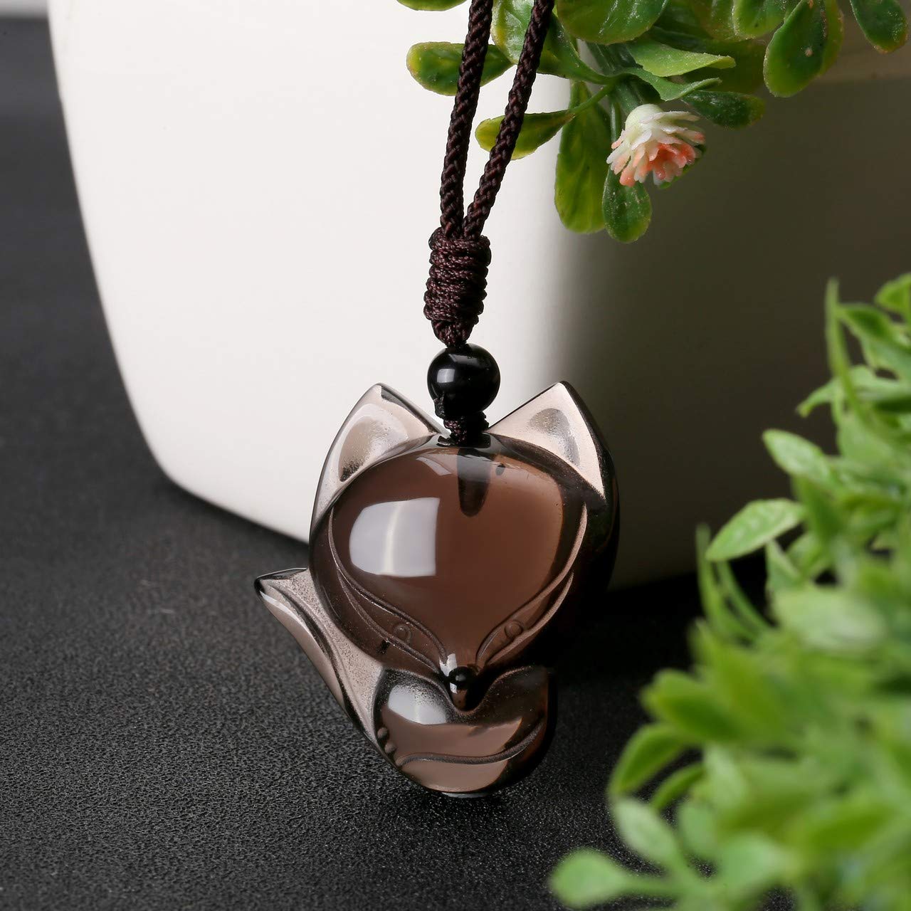 Top Plaza Womens Reiki Healing Crystal Ice Obsidian Gemstone Necklaces Adjustable Lucky Fox Amulet Protection Pendant Necklace Fox Jewelry