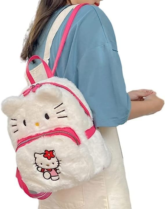 WEERSHUN Hello Kawaii Small Furry Cinnamoroll Dog Melody Plush Backpack Plush Backpack Cute Girl Bag, Kitty, Medium, Schoolbag