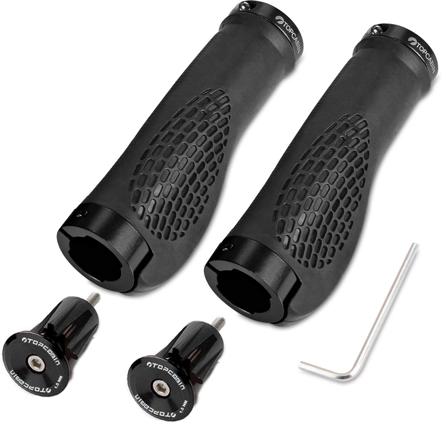 TOPCABIN Bike Grips,Ergonomic Design Bicycle Grips Widen Holding Rubber Bike Handlebar Grips with Aluminum LockGrips for Bike Mountain Road MTB ((Aluminum Lock Plug+Grips) Black 1 Pair)