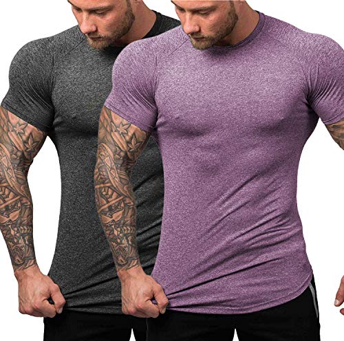 URRU Men's 2 Pack Quick Dry Workout T-Shirts Compression Athletic Baselayer Tee Gym Training Tops, Black/Purple S