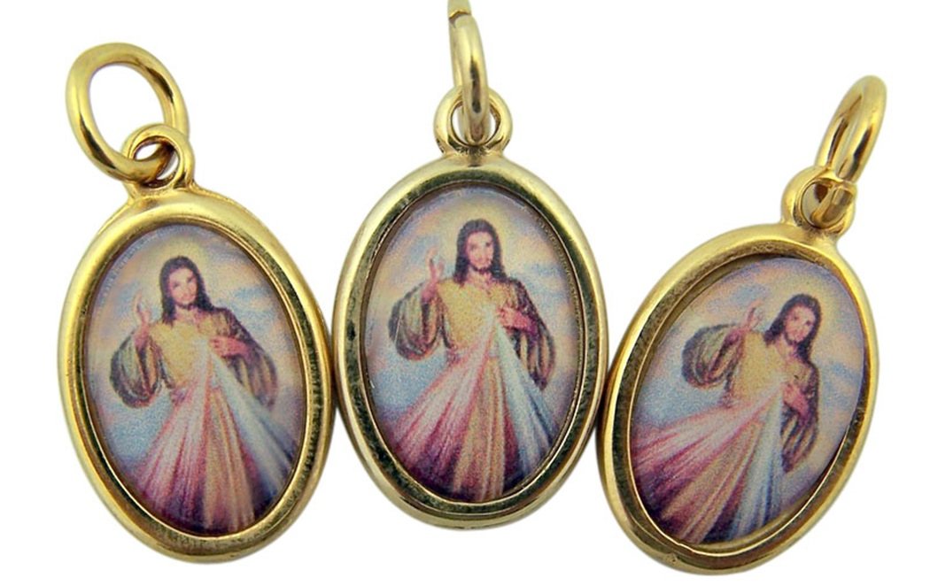 Religious Gifts Gold Tone with Epoxy Divine Mercy Jesus Christ Medal, Lot of 3, 1 Inch