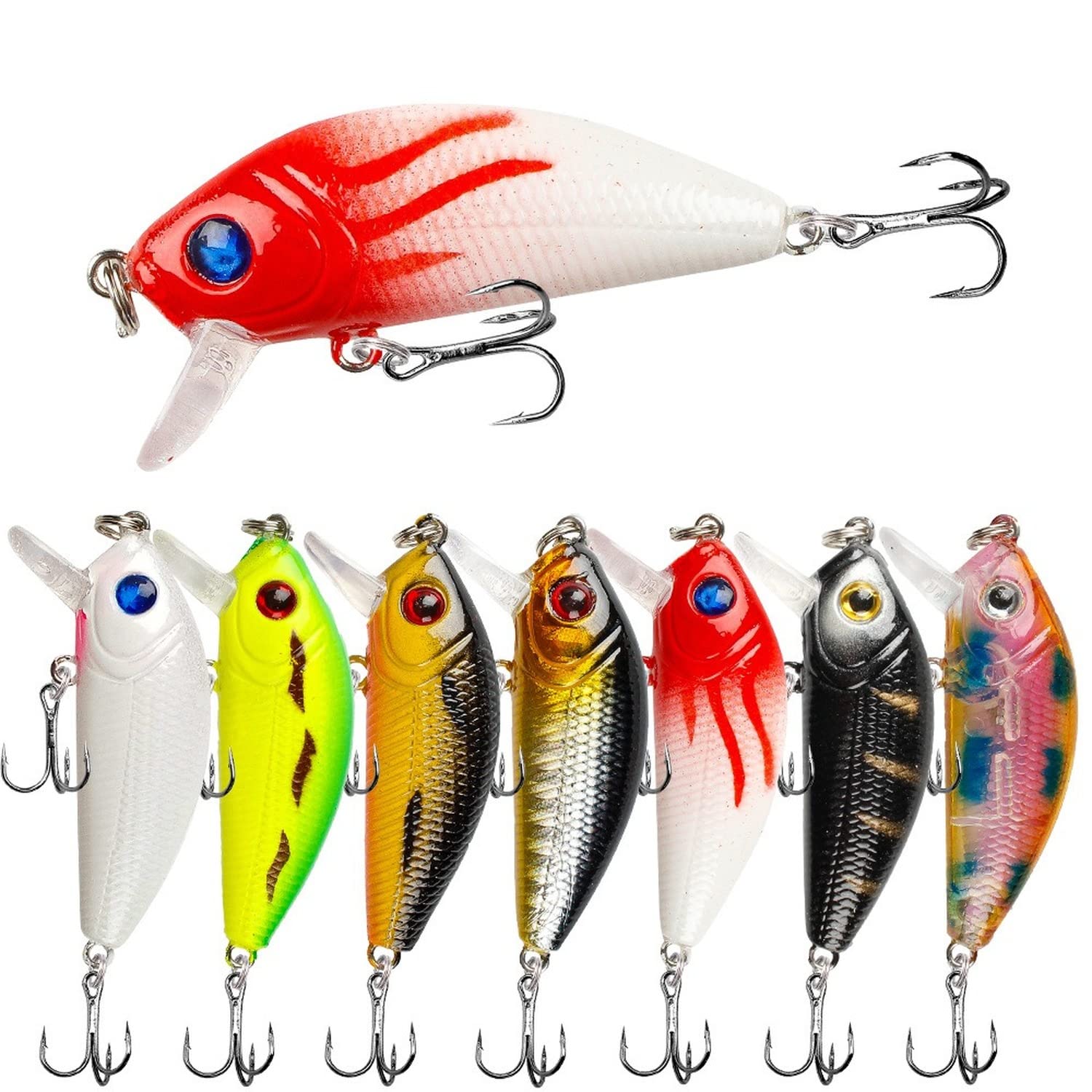 YFGOTFY 7pcs Topwater Lures Crank Baits Wobbler Bionic Swimming Lures Professional ABS Hard Baits Fishing Lures Kit Swimbait with 2 Hooks Fishing Tackle
