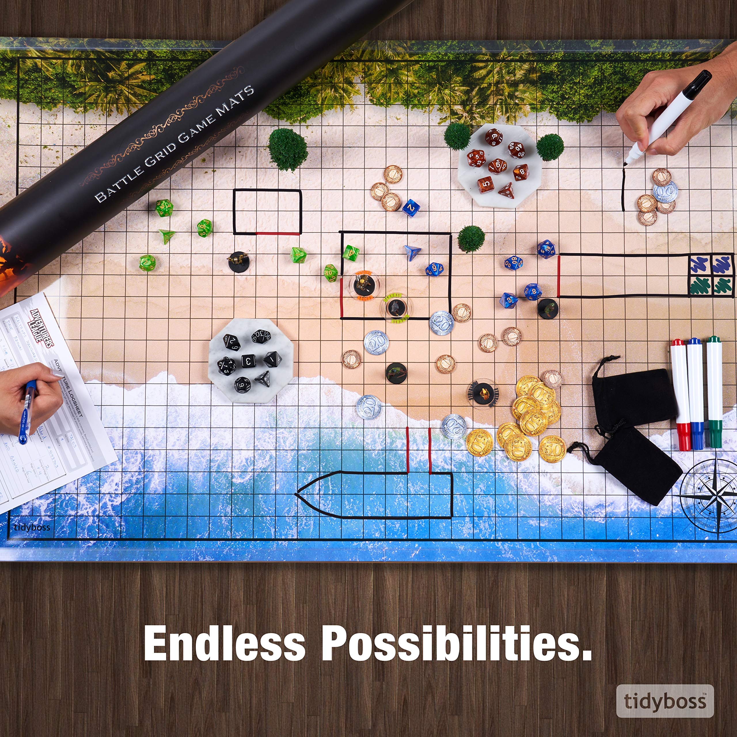 TIDYBOSS Dungeons and Dragons Starter Set | 3 X Double Sides 24x 36 Game Grid Mat | 6 Terrains Includes Dry Erase Markers, Eraser, Dice and Clips