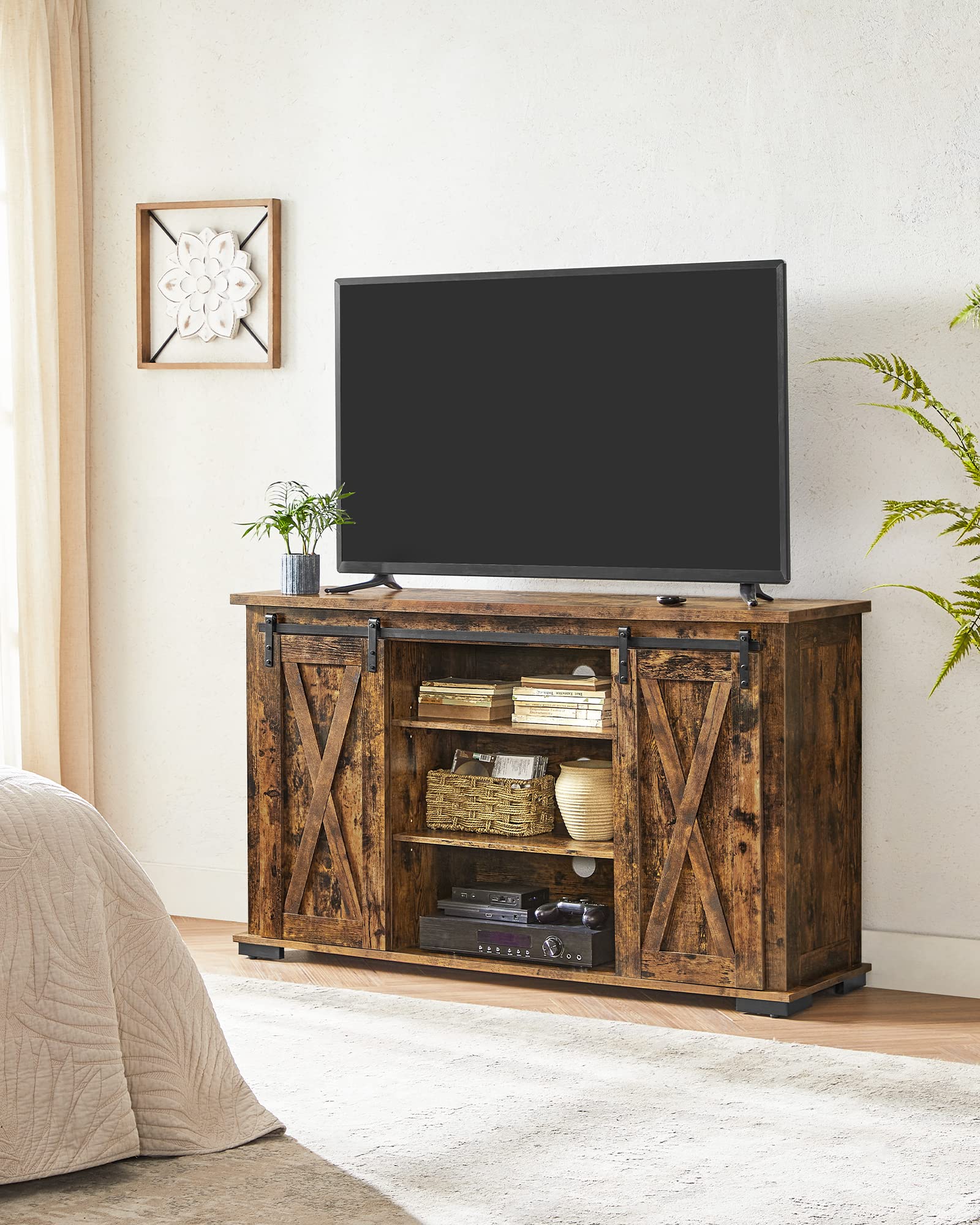 VASAGLE TV Stand with Storage and Sliding Barn Doors for 60-Inch Televisions, Entertainment Center Console, 53.9β, Rustic Brown