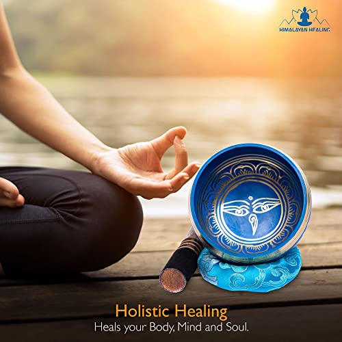 Tibetan Singing Bowls Set 4.2 inch (Blue Throat Chakra) ~ Special portable design suitable for Yoga, Meditation, Sound Healing & Chakra balancing~ (Blue)