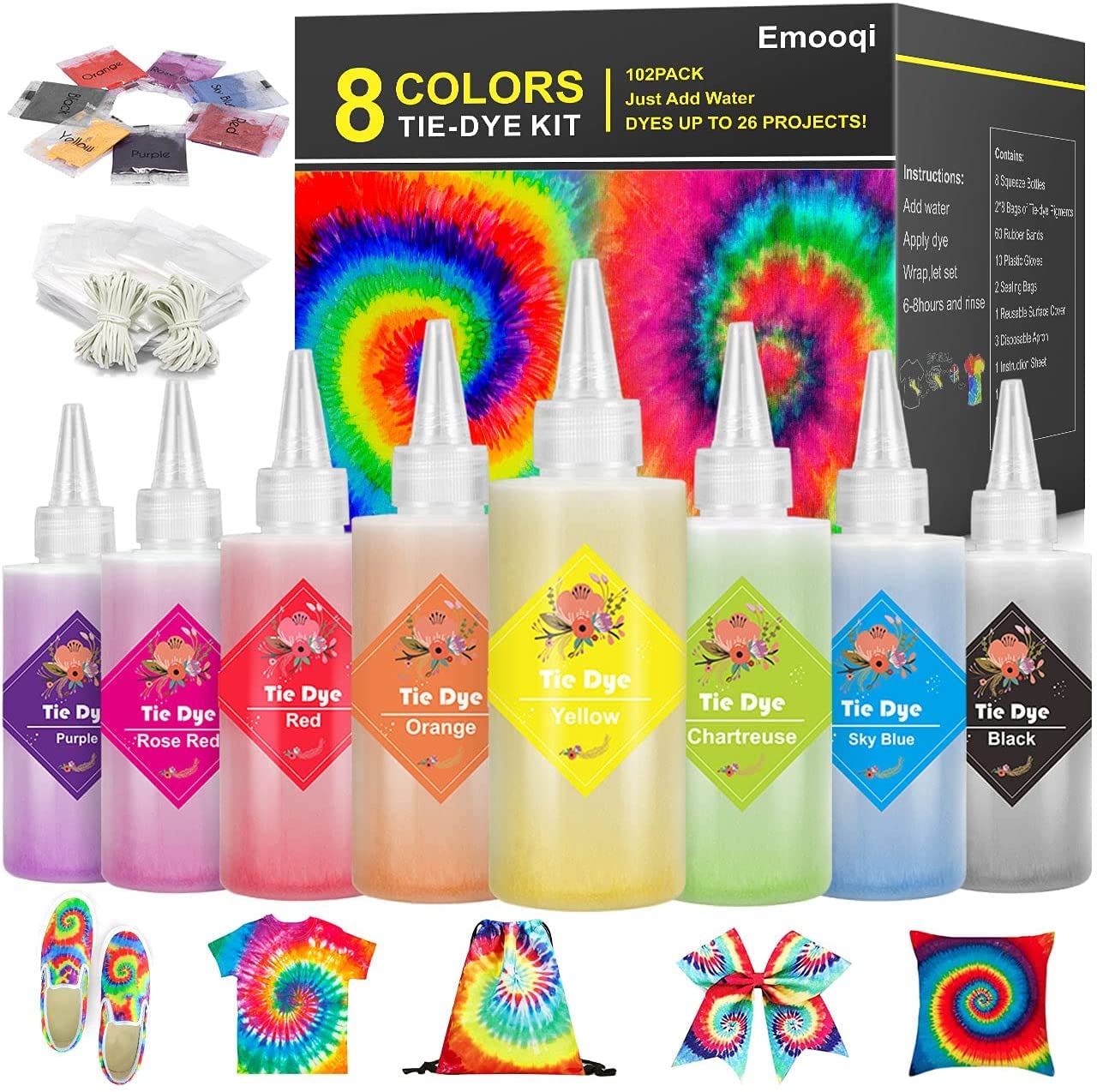 Tie Dye Kit, Emooqi 8 Colors 100Ml All-in-1 Tie Dye Set with 16 Bag Pigments, Rubber Bands, Gloves, Apron and Table Covers for Craft Arts Fabric Textile Party DIY Handmade Project