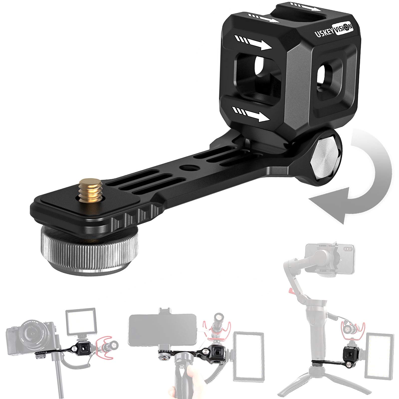 USKEYVISION Triple Cold-Shoe Mount Bracket Kit for Camera & Gimbal 180° Roll Microphone Video Light Mount Dual 1/4in Thread Compatible with All DSLR Cameras & All Gimbals (UVCS-2)