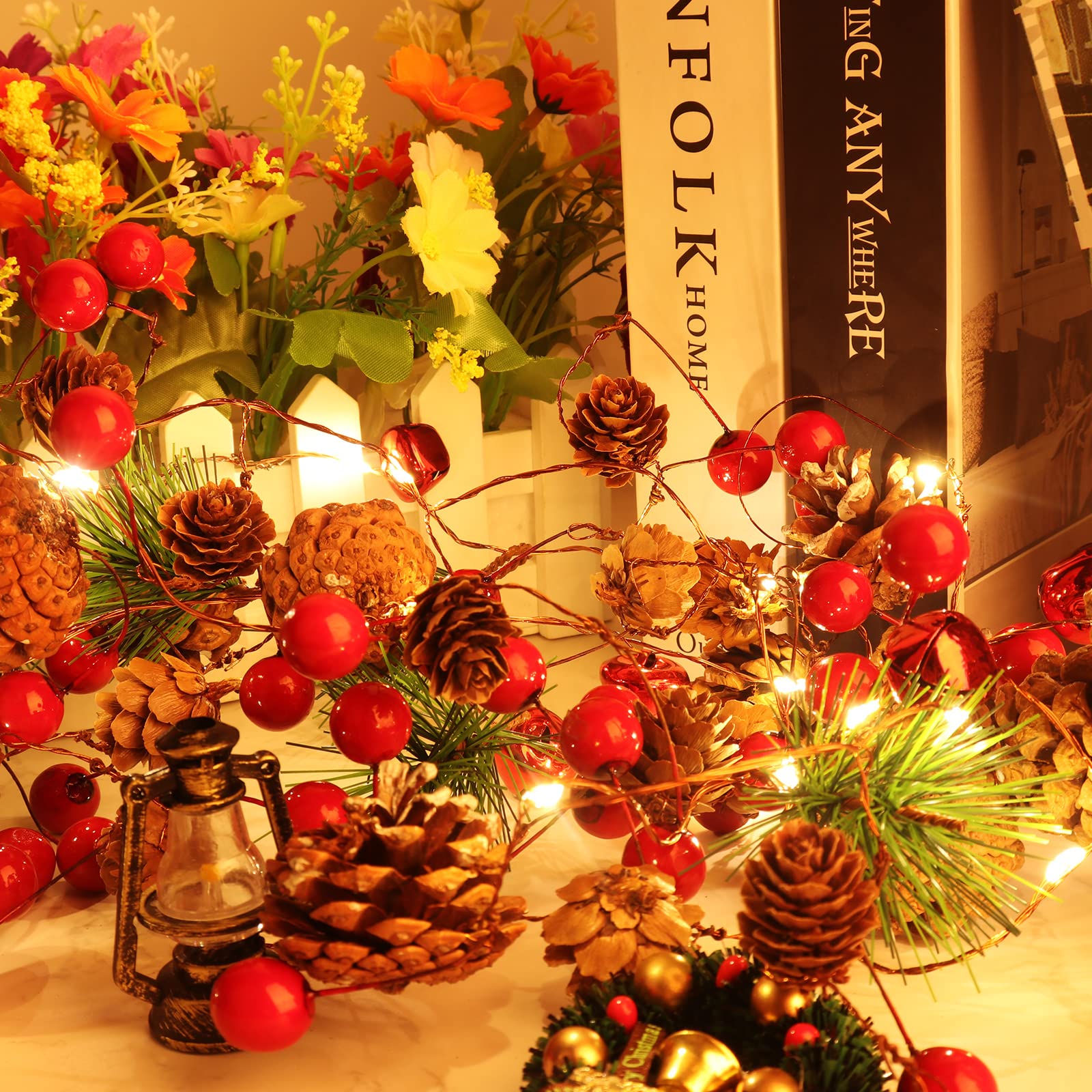 TOPIST Christmas Pinecone Lights Battery or USB Plug in, 6.7FT 20LED Red Berry with Pine Cone Christmas Garland Lights LED String Lights Fairy Lights for Xmas Tree Party Home Holiday Decor