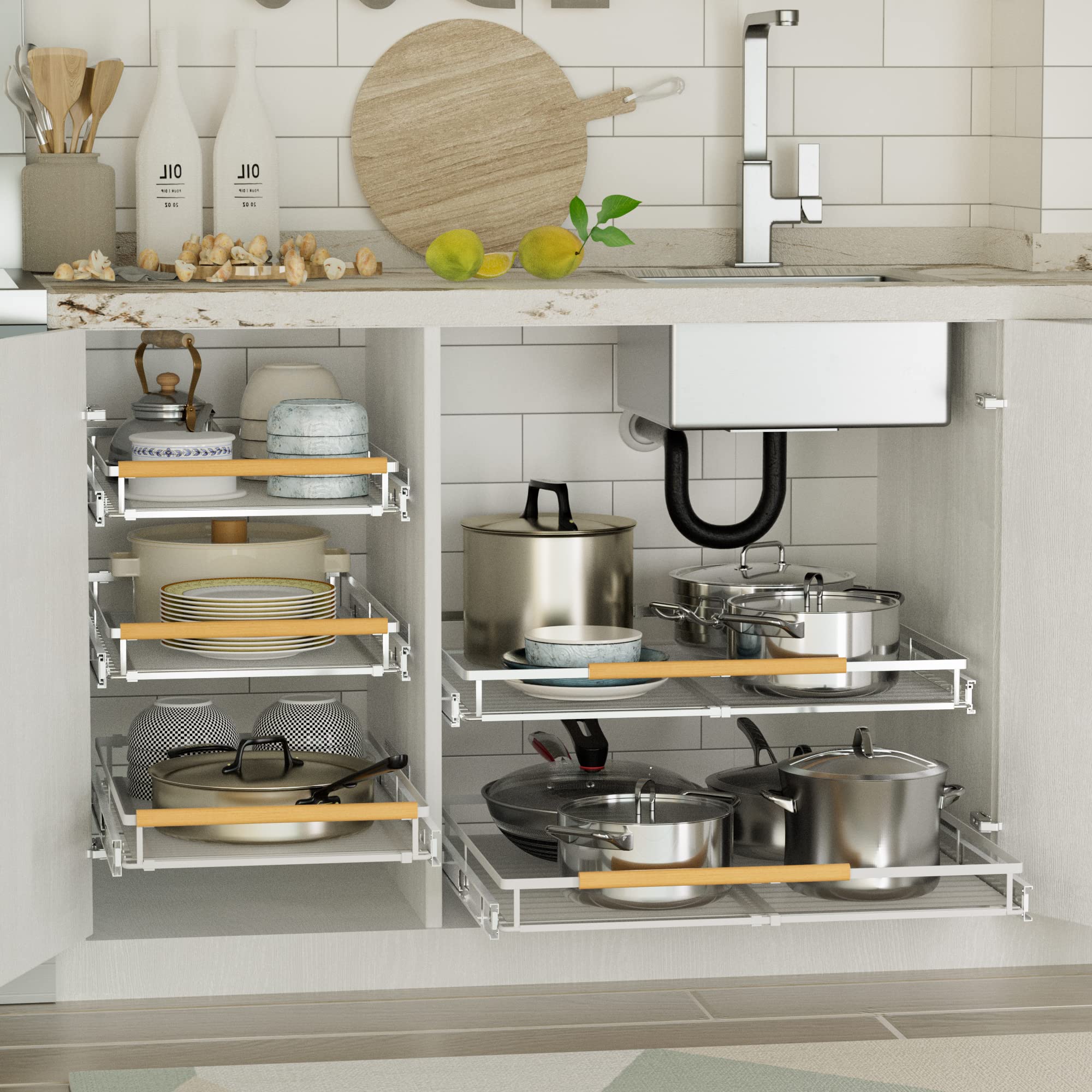 WEJIPP Pull Out Cabinet Organizer Expandable Slide Out Kitchen Cabinet Drawer Heavy Duty Stainless Steel Storage Shelf Rack for Base Cabinet Pantry Closet Under Sink Divider Organization