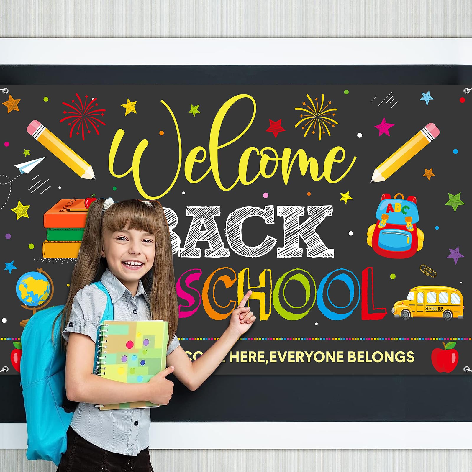 Welcome Back to School Backdrops, Welcome Back Bulletin Board Back to School Banner Sign Hanging Fabric Photography Background for First Day of School Classroom and Office Decorations,73x44 Inch