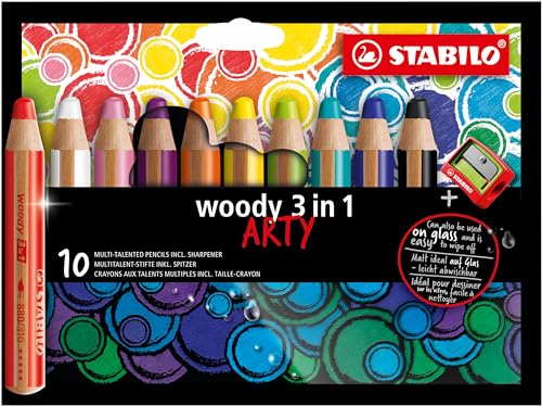 STABILO Multi-Talented Pencil woody 3 in 1 - ARTY - Pack of 10 - Assorted Colours with Sharpener