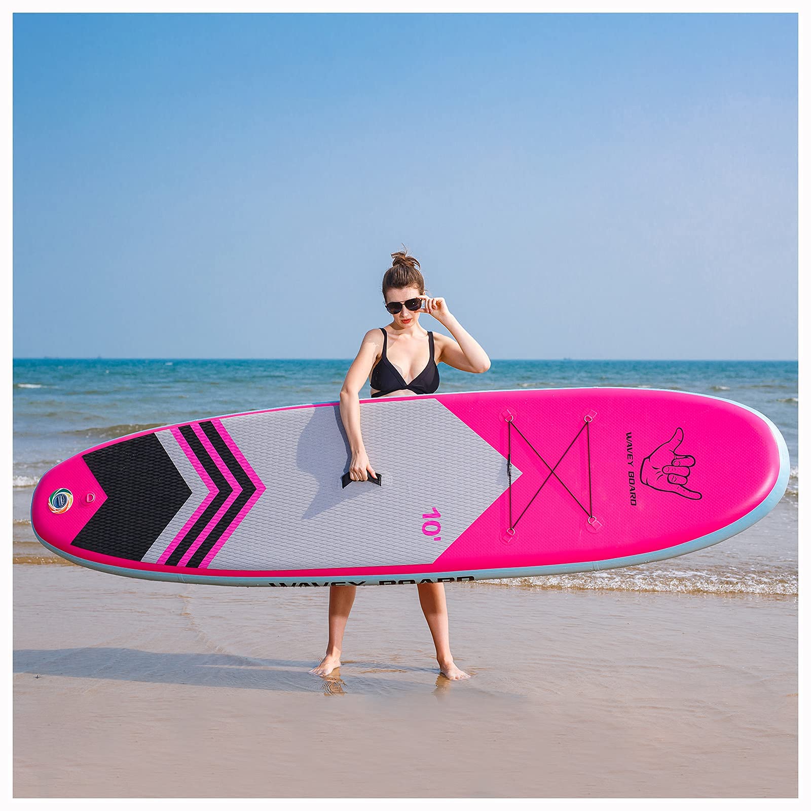 WAVEY BOARD Inflatable 10' Stand Up Paddle Board for Adult Premium SUP Blow up Paddle Board for Youth Kids (6" Thick) with ISUP Accessories Backpack Bag, Pump, Adjustable Paddle, Pink