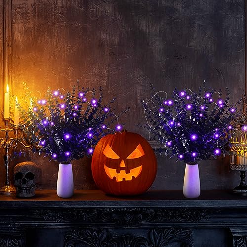 Tigeen 100 Pcs Halloween Black Eucalyptus Stems with Light Strings 15'' Artificial Eucalyptus Leaves Decor Artificial Greenery for Decoration Halloween Flowers Eucalyptus Branches Fake Eucalyptus Stem