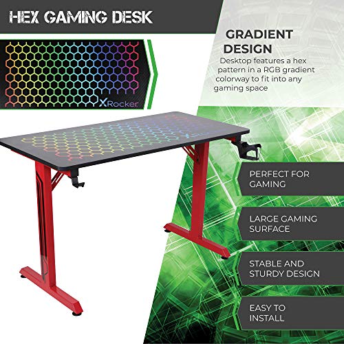 X Rocker Hex PC Modern Gaming Desk, with Headset Hook and Cup Holder, Textured Carbon Fiber, 721601, 47.24" x 23.62" x 29.13", Black and Red