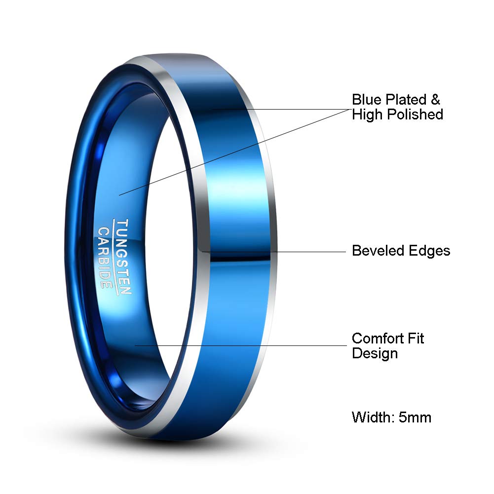 Vakki Blue Tungsten Ring for Men Women 5mm Silver Beveled Edge Engagement Band Size 10
