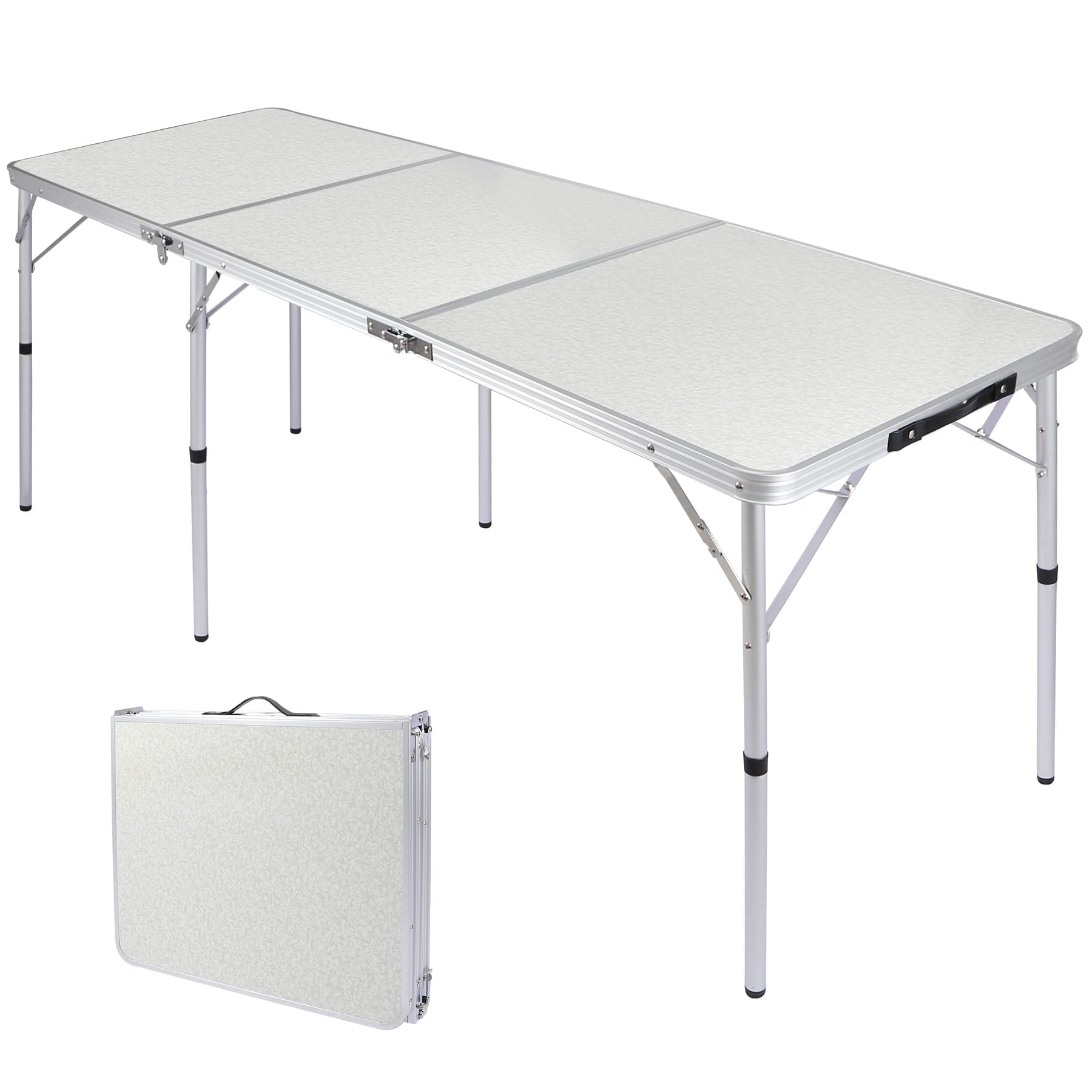 RedSwing Tri-fold 6ft Folding Table, Aluminum Outdoor Table with Adjustable Heights Legs, Portable Lightweight Camping Table for Picnic, Party, Beach, 72"x24", White