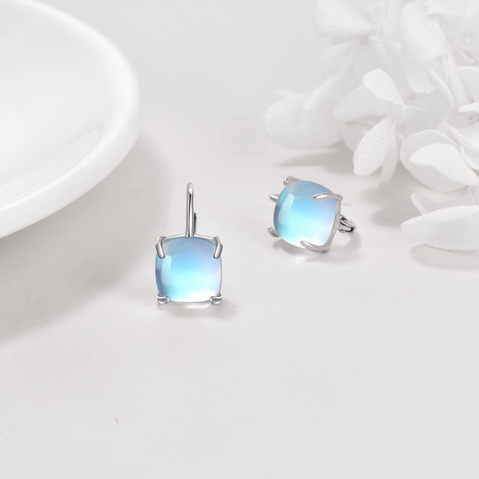 VONALA Moonstone Earrings 925 Sterling Silver Square Hoop Earrings Leverback Earrings for Women Birthday