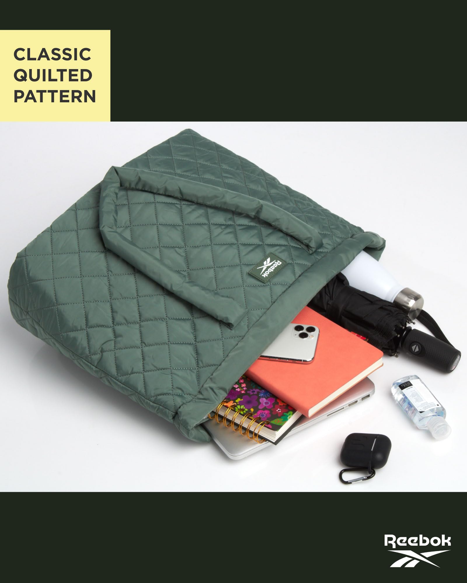 Reebok Women's Puffer Tote Bag - Carry On Sports Gym Shoulder Bag - Lightweight Casual Purse, Size ONE SIZE, Trek Green