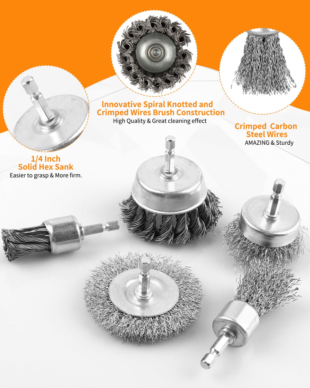 WENHUALI 5 Pcs Drill Wire Brush Set, Heavy Duty Wire Brush Wheel for Drill, 1/4'' Hex Shank Wire Brush Drill Attachments Coarse Carbon Steel Crimped, Great for Cleaning Rust, Paint, Abrasive