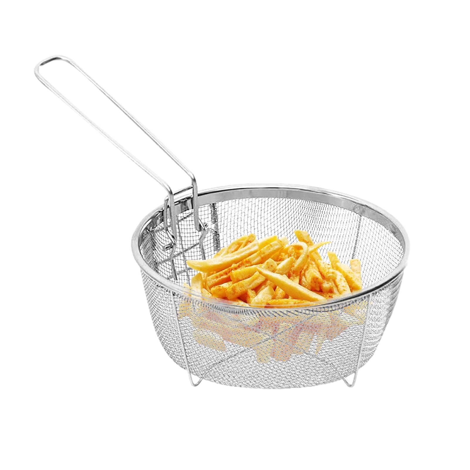 Stainless Steel Fry Basket, 12.6''/14.7'' Round Wire Mesh Fry Basket, French Chips Fry Serving Food Presentation Tableware with Folding Handles, Deep Fryer Accessories