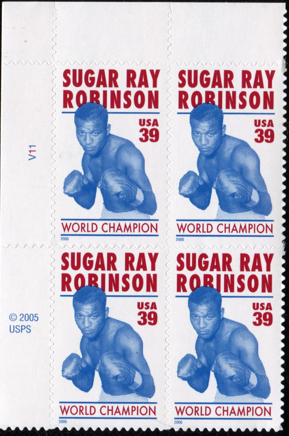 SUGAR RAY ROBINSON ~ BOXER ~ BLACK HISTORY #4020 Plate Block of 4 x 39¢ US Postage Stamps by United States Postal Service