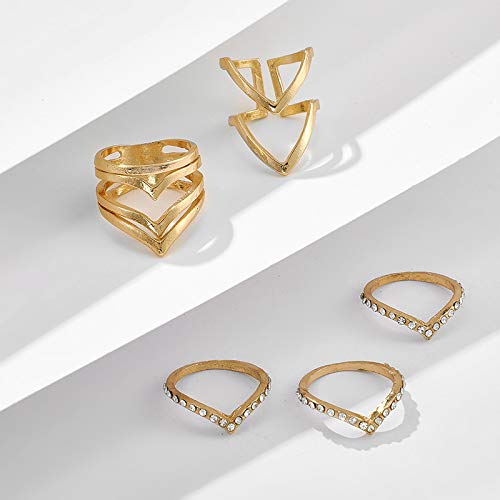 ZZ ZINFANDEL 5-9 Pcs 18K Gold Stackable Knuckle Midi Finger Rings Set Crystal Pearl Rings Geometry Heart Hexagon Letter V Stackings Joint Ring Sets for Women Girls (5 pcs)