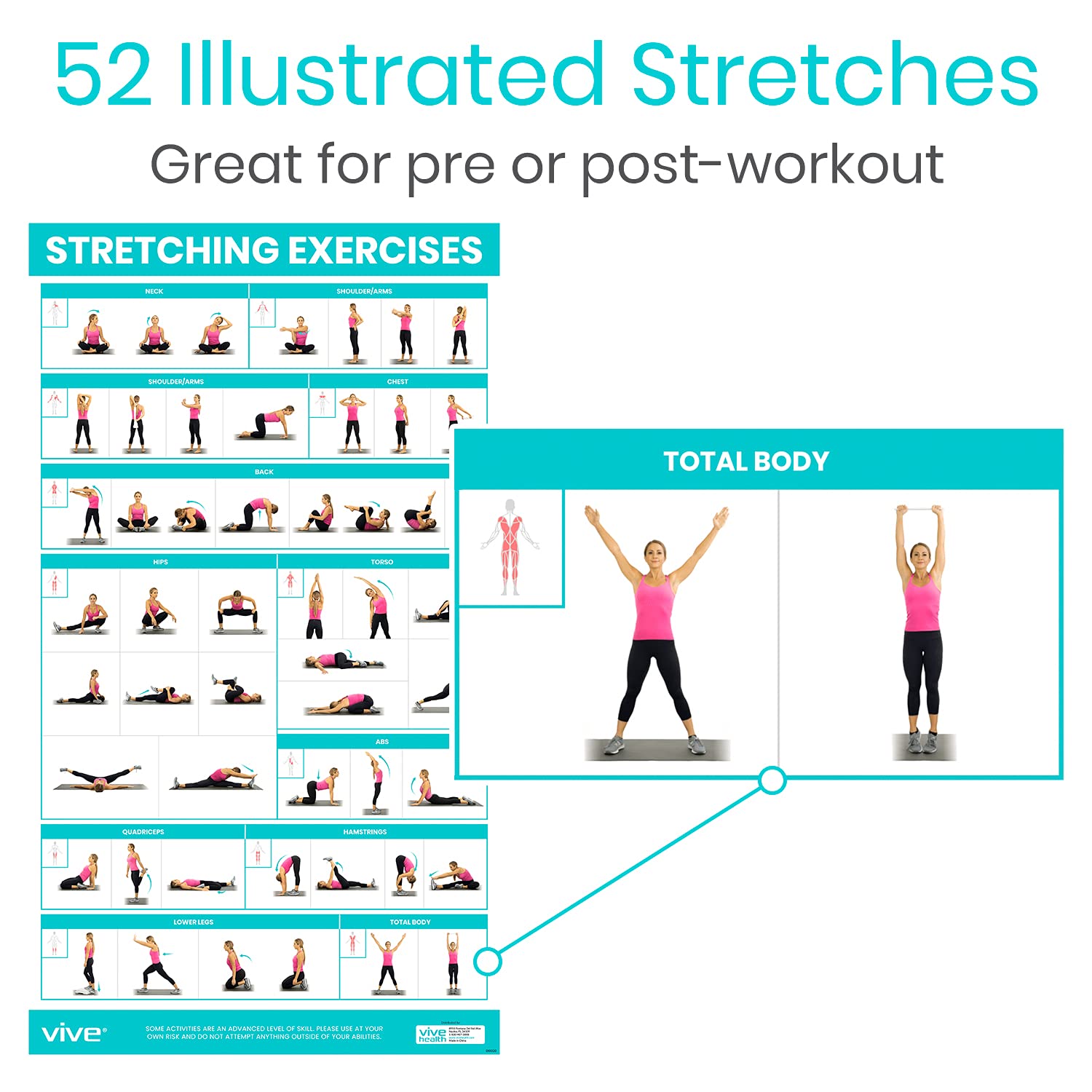 Vive Yoga Poses + Stretching Exercises + Resistance Band Workouts Poster for Home Gym (3 Pack) - 149 Illustrations for Flexibility, Strength, Core, Exercising, Pilates Mat - Work Chart Set, Laminated 30" x 17"