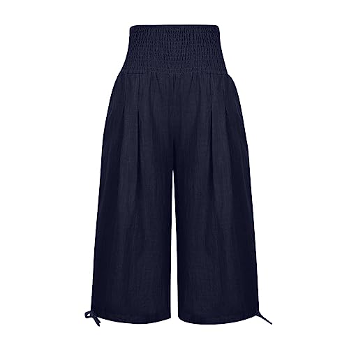 Sales Today Clearance Prime only Womens Scrub Pants Women's High Waisted Capris Solid Slacks Knee Length Casual Loose Wide Leg Capri Palazzo Pants Trousers with Pockets Dark Blue 2XL