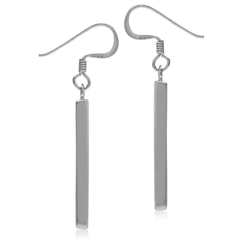 Silvershake Created Black Onyx Inlay White Gold Plated 925 Sterling Silver Stick Dangle Hook Earrings