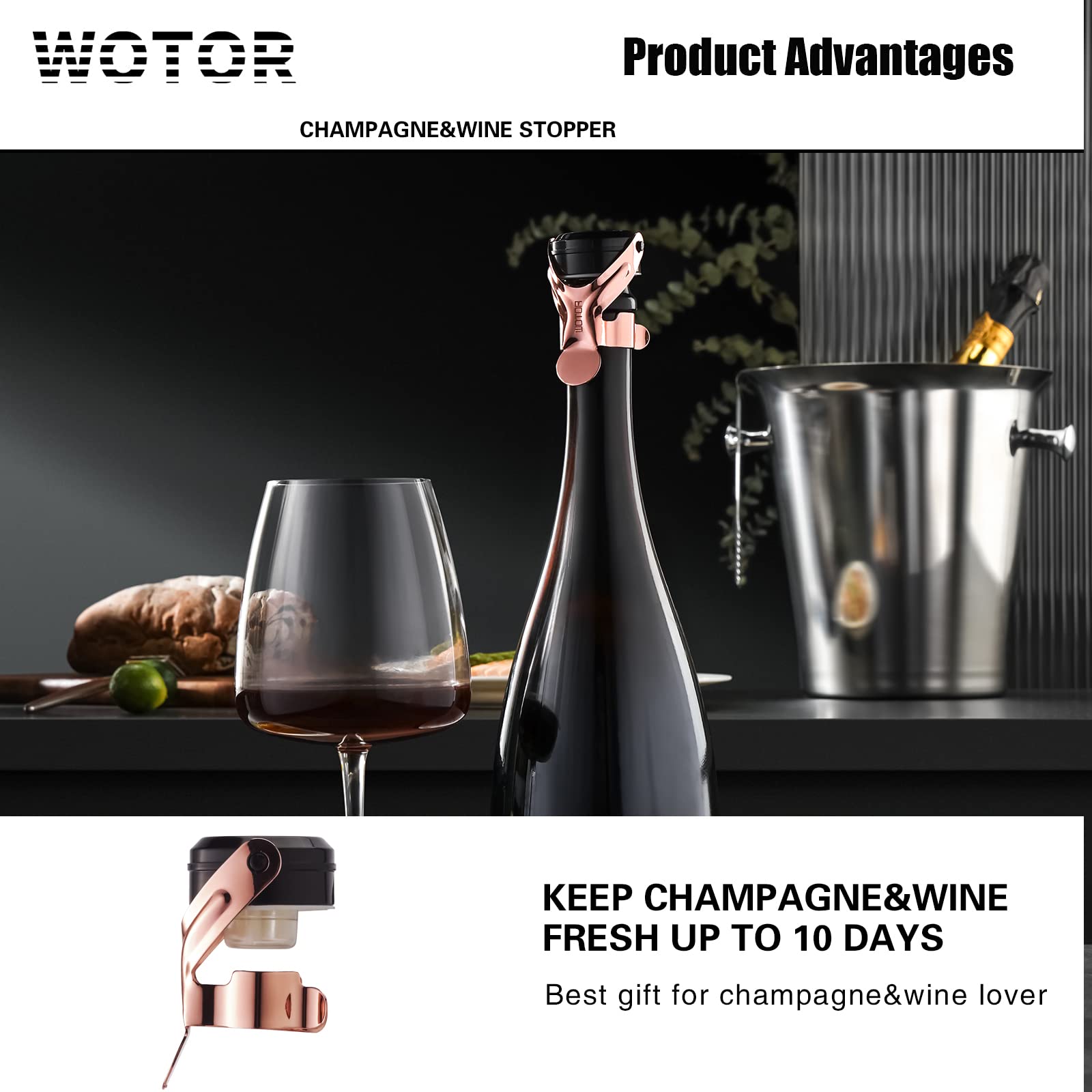 WOTOR Champagne&Wine Bottle Stoppers Stainless Steel with Food Grade Silicone, Leak Proof Keep Fresh Reusable Saver, Cork Suitable for Wine, Champagne, Cava, Prosecco and Sparkling (2 Pack Rosegold)