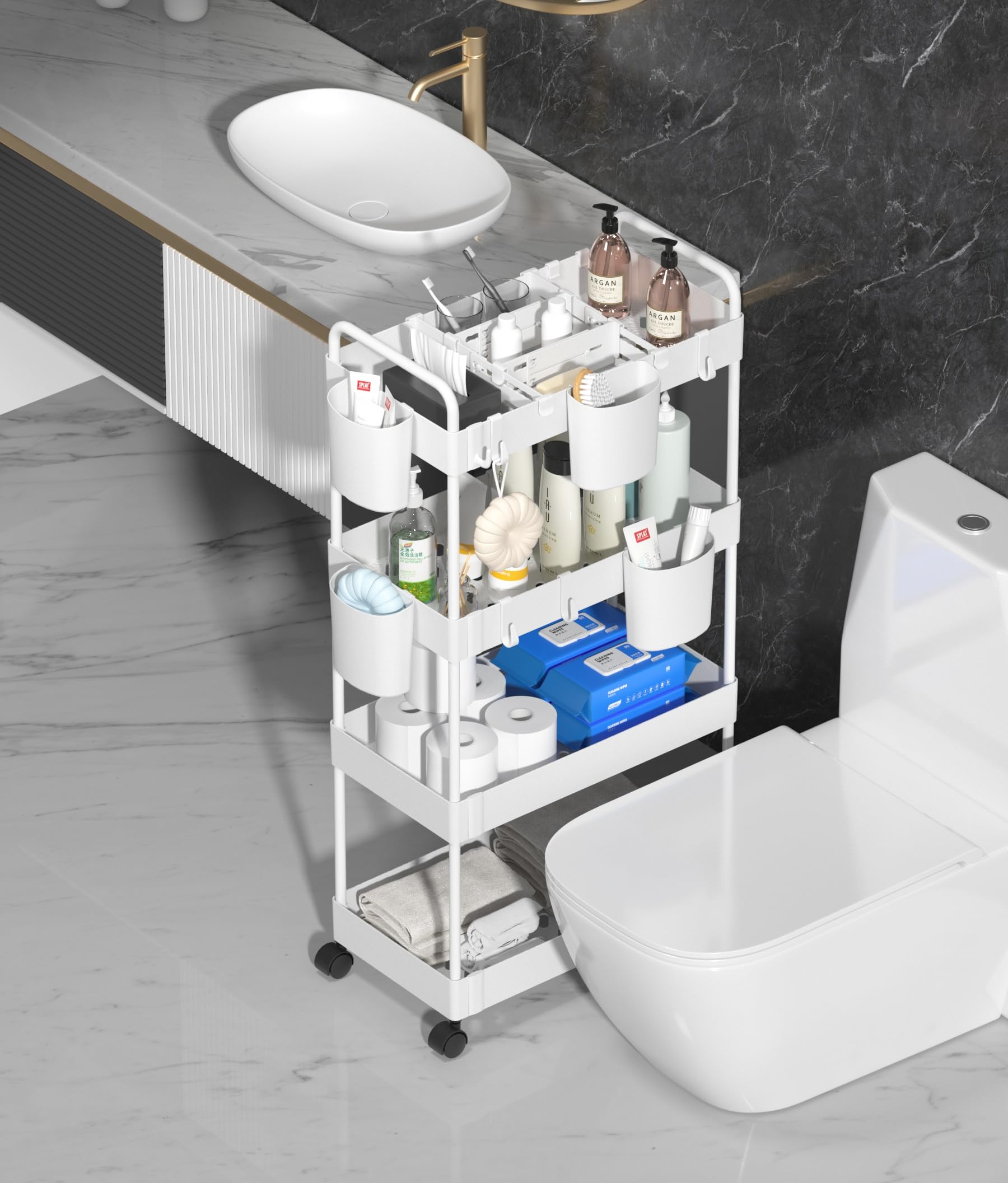 TiLeMiun Rolling Cart Laundry Slim Storage Utility Cart Bathroom 4 Tier Mobile Nursery Multifunctional Slide Out Organizer