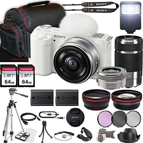 Sony ZV-E10 Mirrorless Camera (White) w/E PZ 16-50mm f/3.5-5.6 OSS Lens + E 55-210mm f/4.5-6.3 OSS Lens + 2X 64GB Memory + Case + Filters + Tripod & More (35pc Bundle)