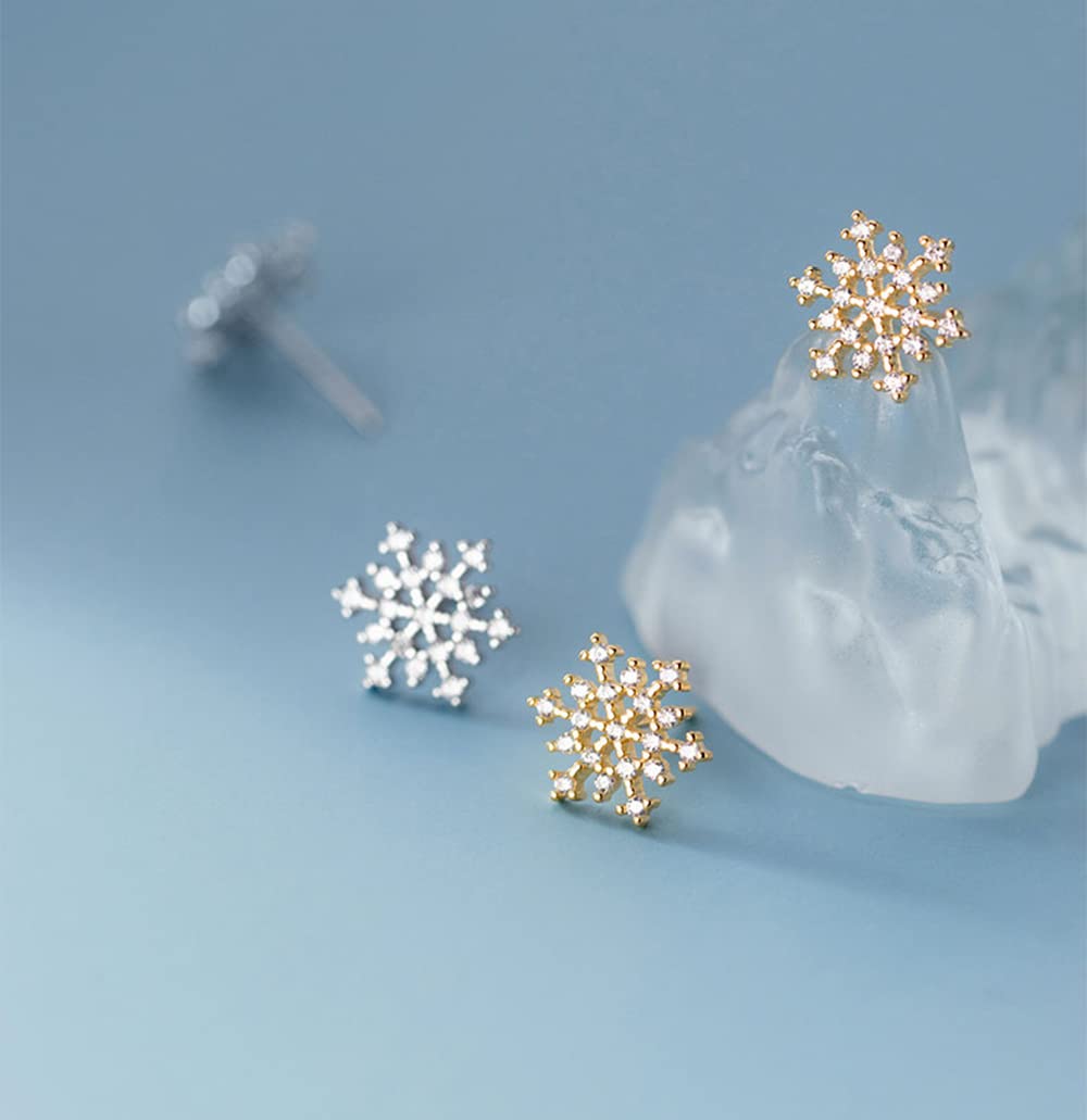 Reffeer Solid 925 Sterling Silver Snowflake Earrings Studs for Women Teens Winter Snow Stud Earrings Christmas (A-Silver)
