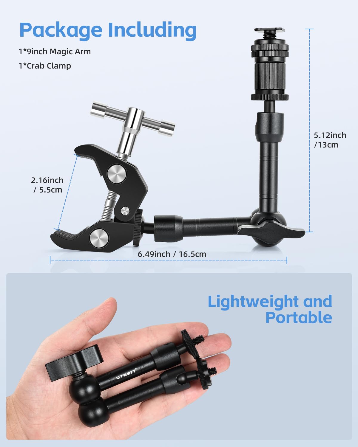 UTEBIT Adjustable Magic Arm with Super Clamp,9 inch with 1/4" and 3/8" Thread,Articulating Arm Clamp Friction Power Arm Crab Screw Kit for LCD Monitor, LED Light, Flash Light, Camera Rig