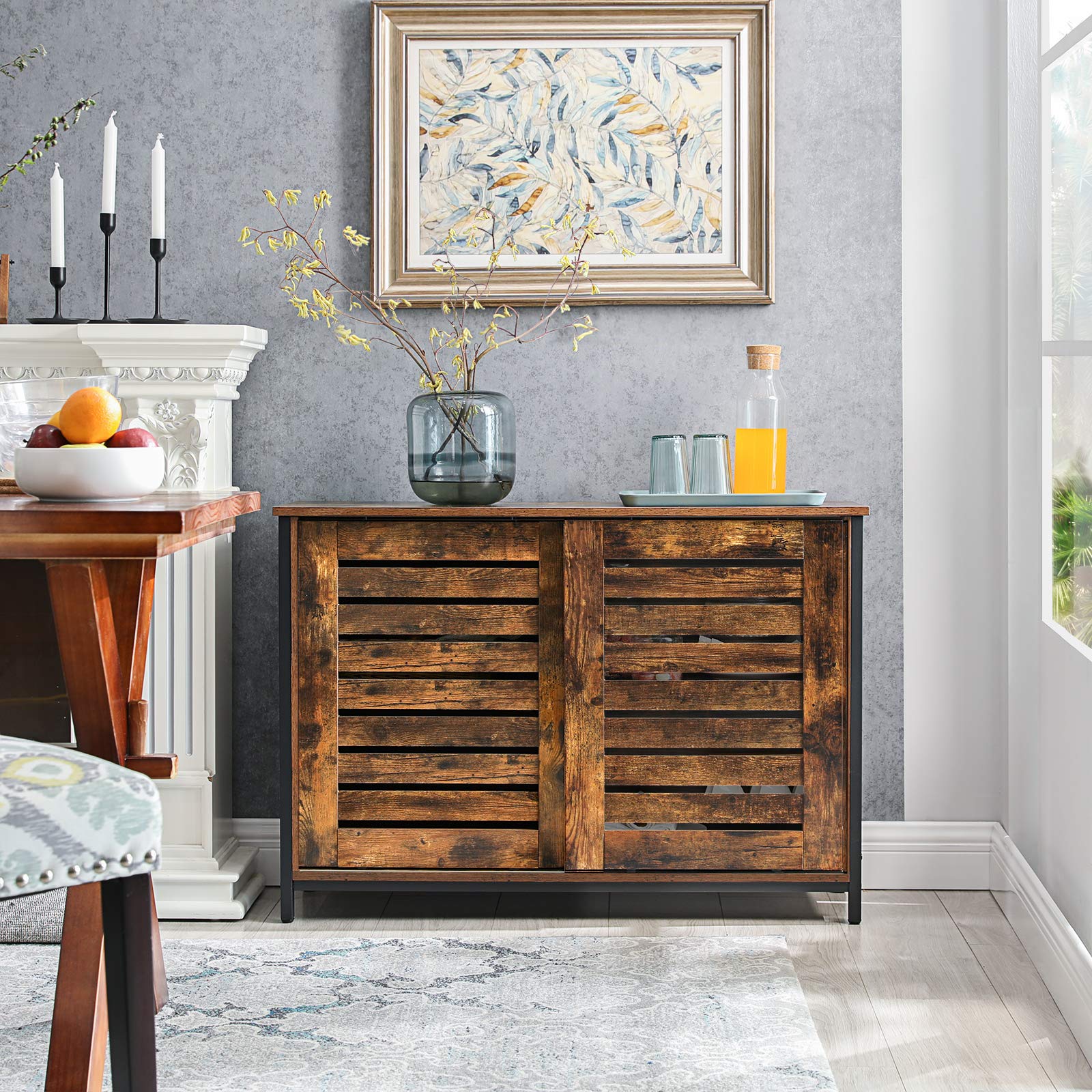 VASAGLE Lowell Sideboard, Kitchen Cabinet with Shutter Sliding Doors, Floor Storage Cupboard, Living Room, Hallway, 13.8" D x 39.4" W x 27.6" H, Rustic Brown