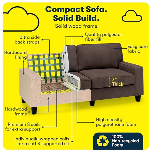 Serta Palisades Upholstered Sofas for Living Room Modern Design Couch, Straight Arms, Soft Fabric Upholstery, Tool-Free Assembly, 73" Sofa, Dark Brown