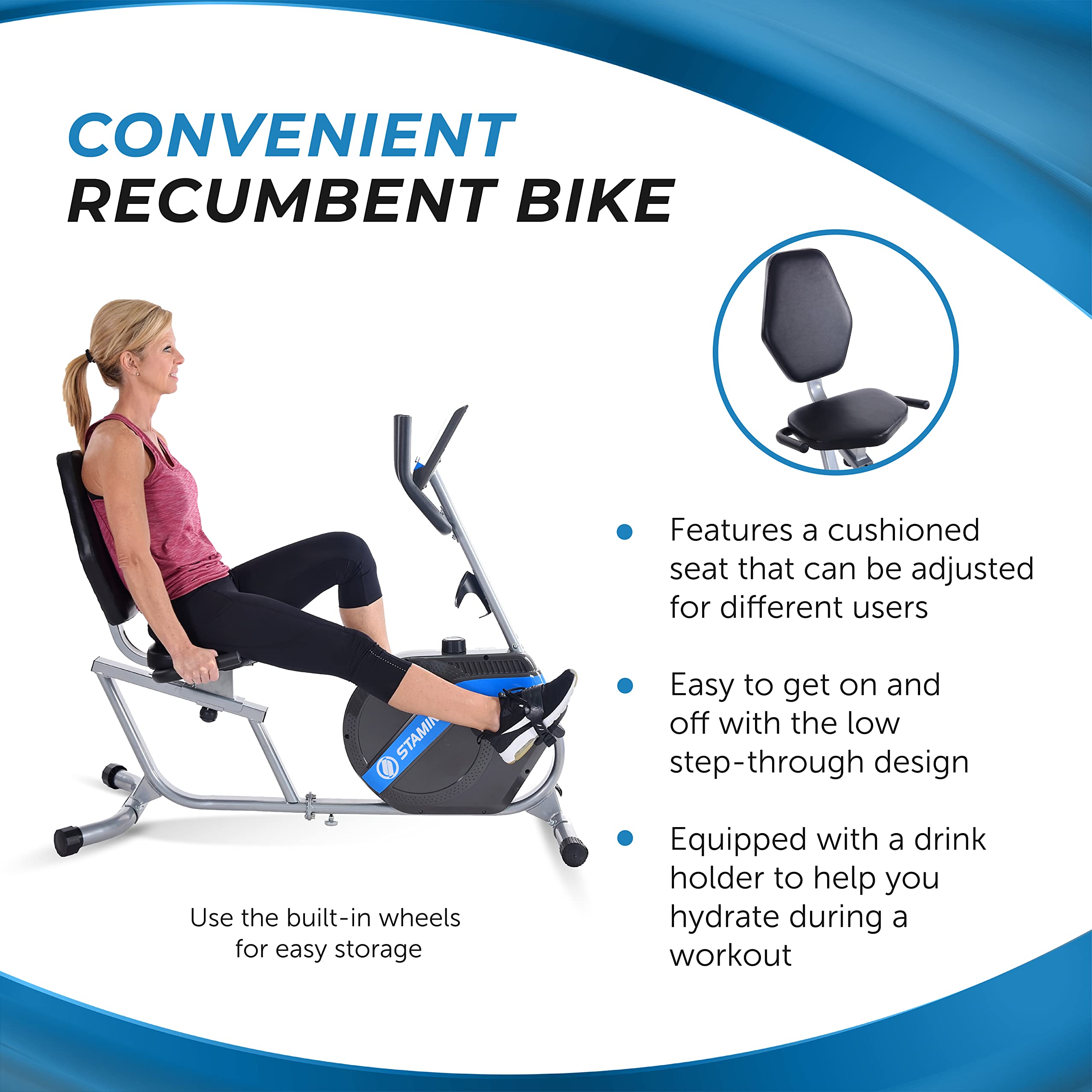 Stamina Recumbent Exercise Bike 345 - Exercise Bike with Smart Workout App - Recumbent Exercise Bike for Home Workout - Up to 300 lbs Weight Capacity