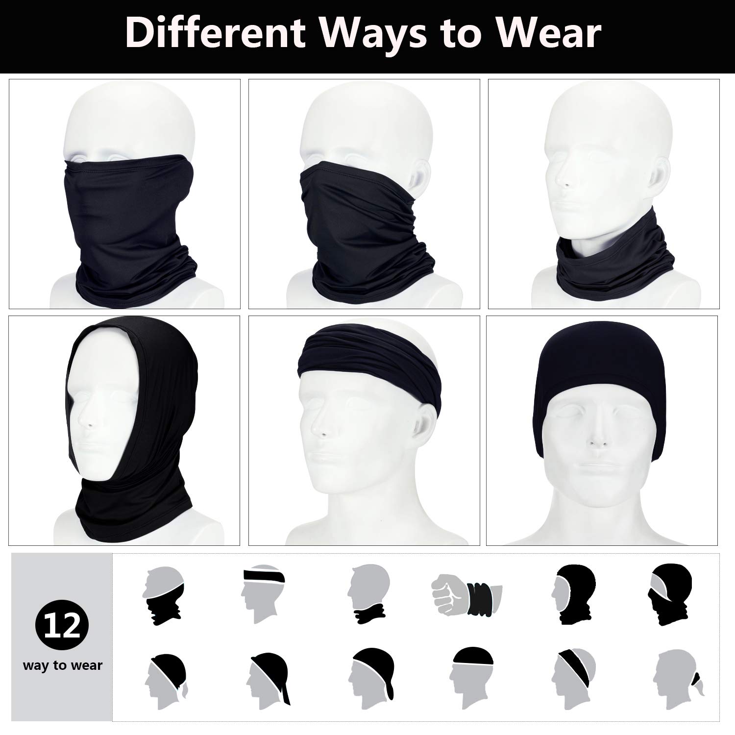 Summer Face Cover Scarf UV Protection Neck Gaiter Sunscreen Breathable Bandana (Black, 6)