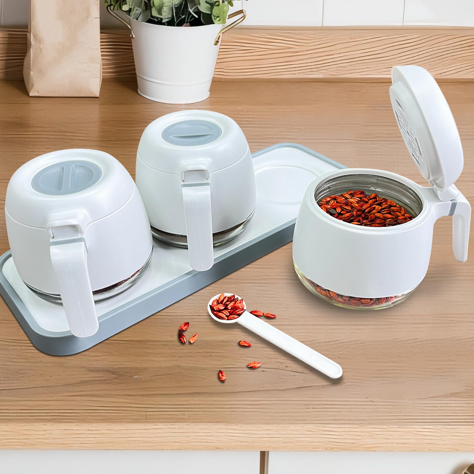 Roweida Glass Spice Jars and Sugar Bowls - Airtight Seasoning Containers with Spoon Lids, Set of 3 for Kitchen Counter