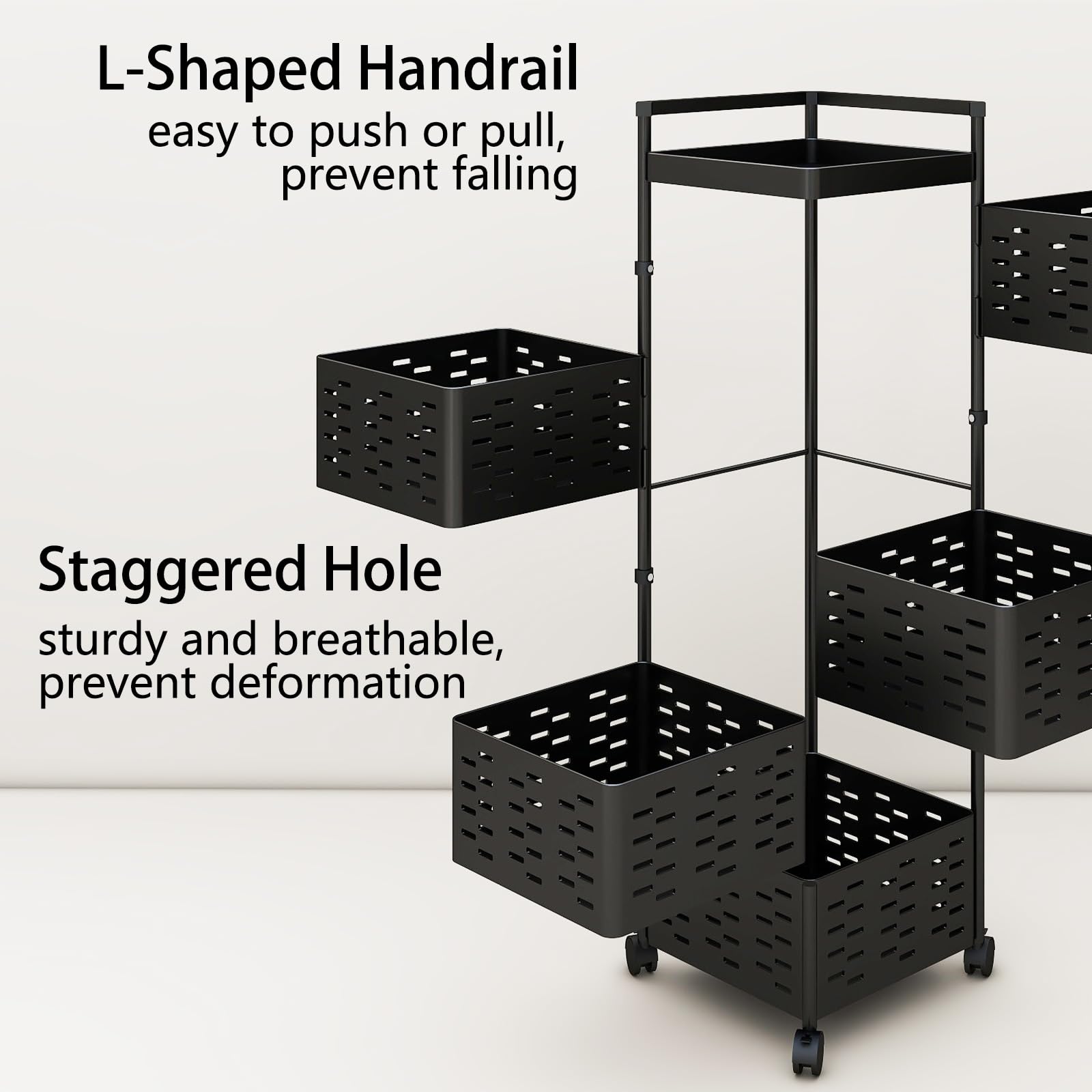 PzewMo Rotating Storage Rack, 5 Tiered Shelf Organizer, Metal Rolling Cart with Swivel Drawers, Fruit Basket, Kitchen Bathroom Pantry Organization, Vegetable Onion Potato Storage (Black)